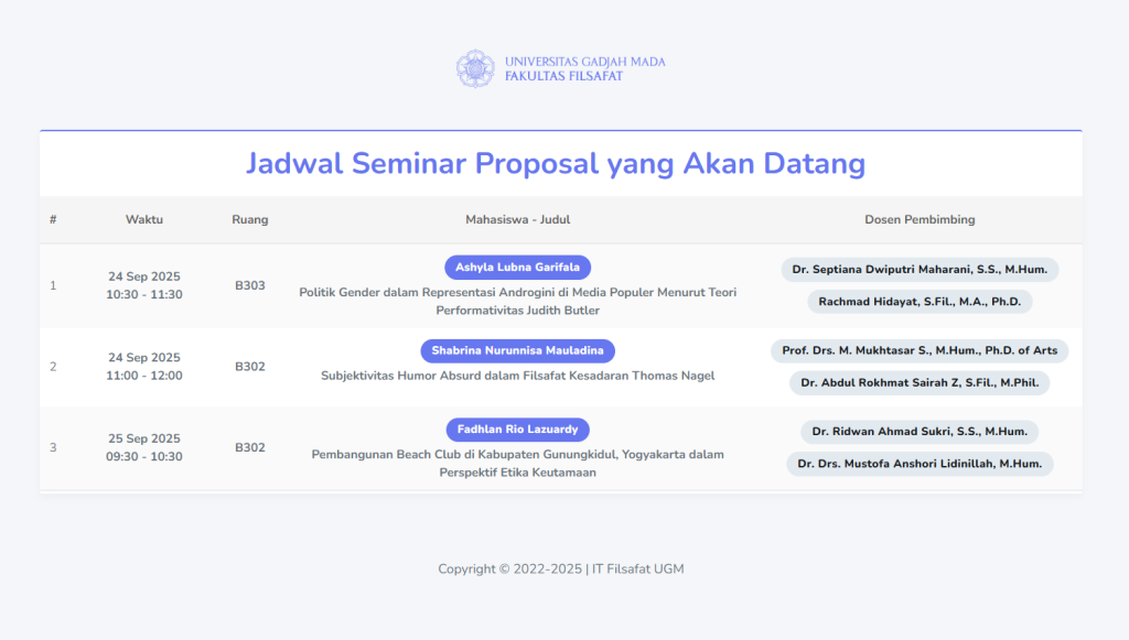 Jadwal Seminar Proposal September 2025 – Fakultas Filsafat